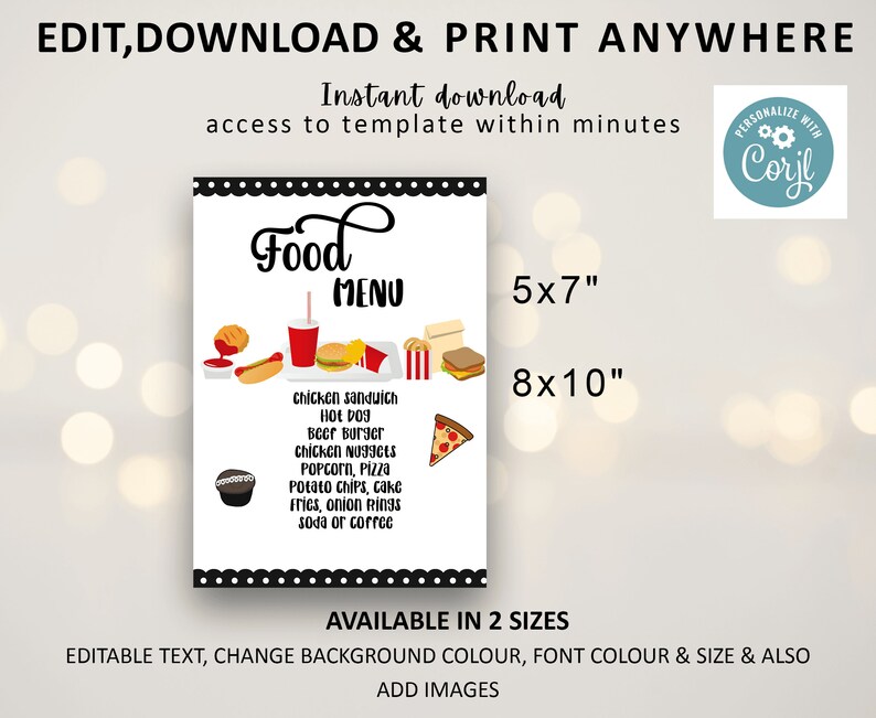 Snack Menu Sign Template Editable Bridal Shower Snack Bar - Etsy