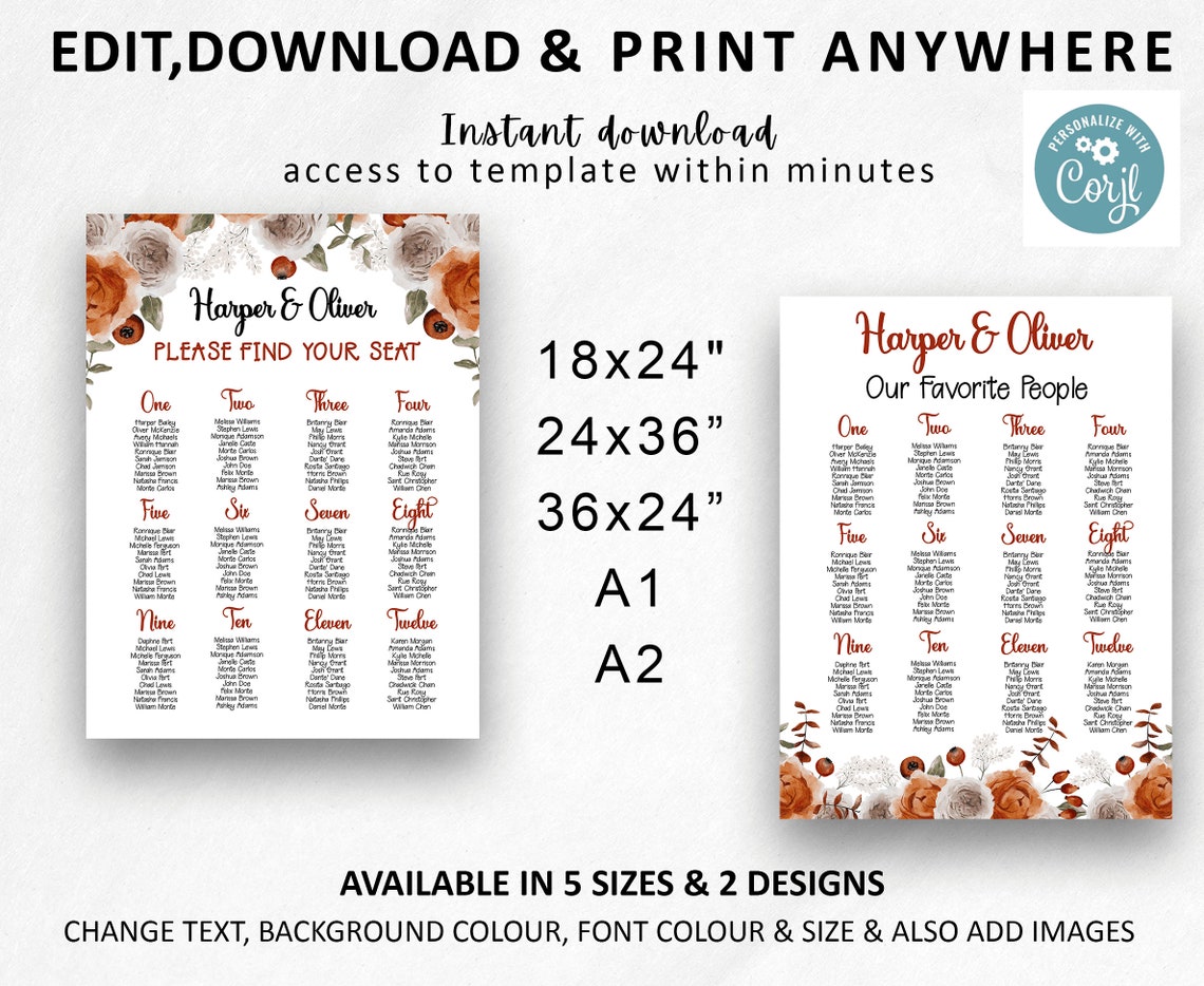 Rustic Autumn Seating Chart Template Download Fall Floral - Etsy