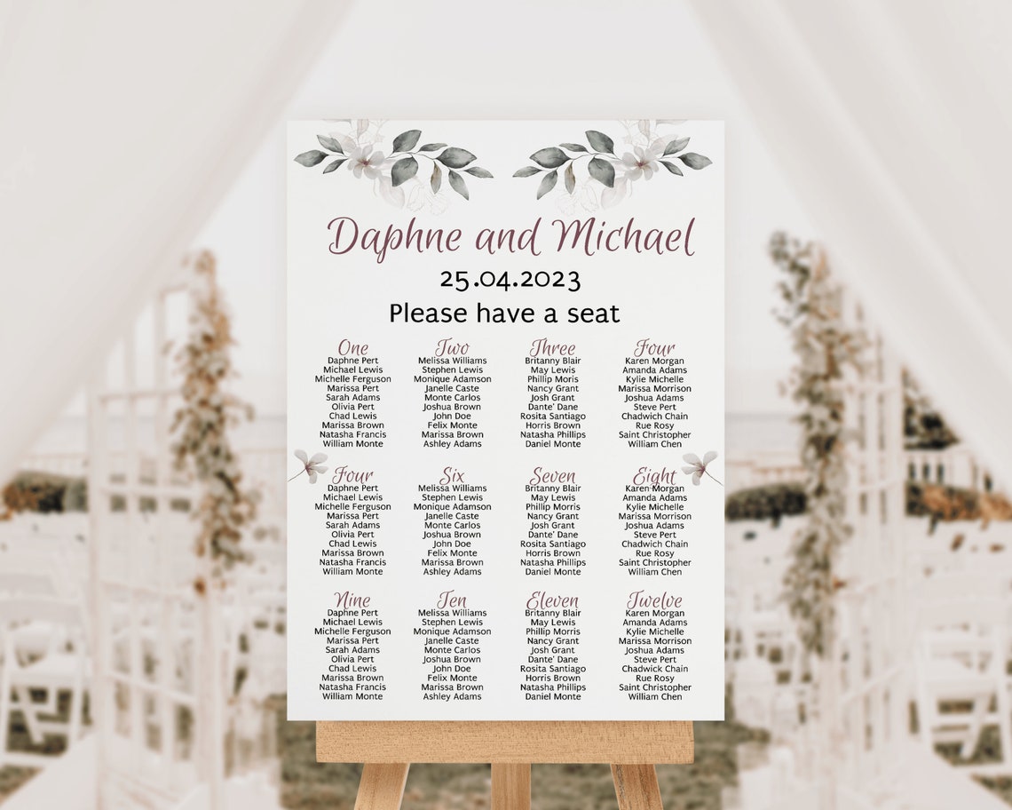 Pink and Gold Seating Chart Template Download, Greenery Wedding Table ...