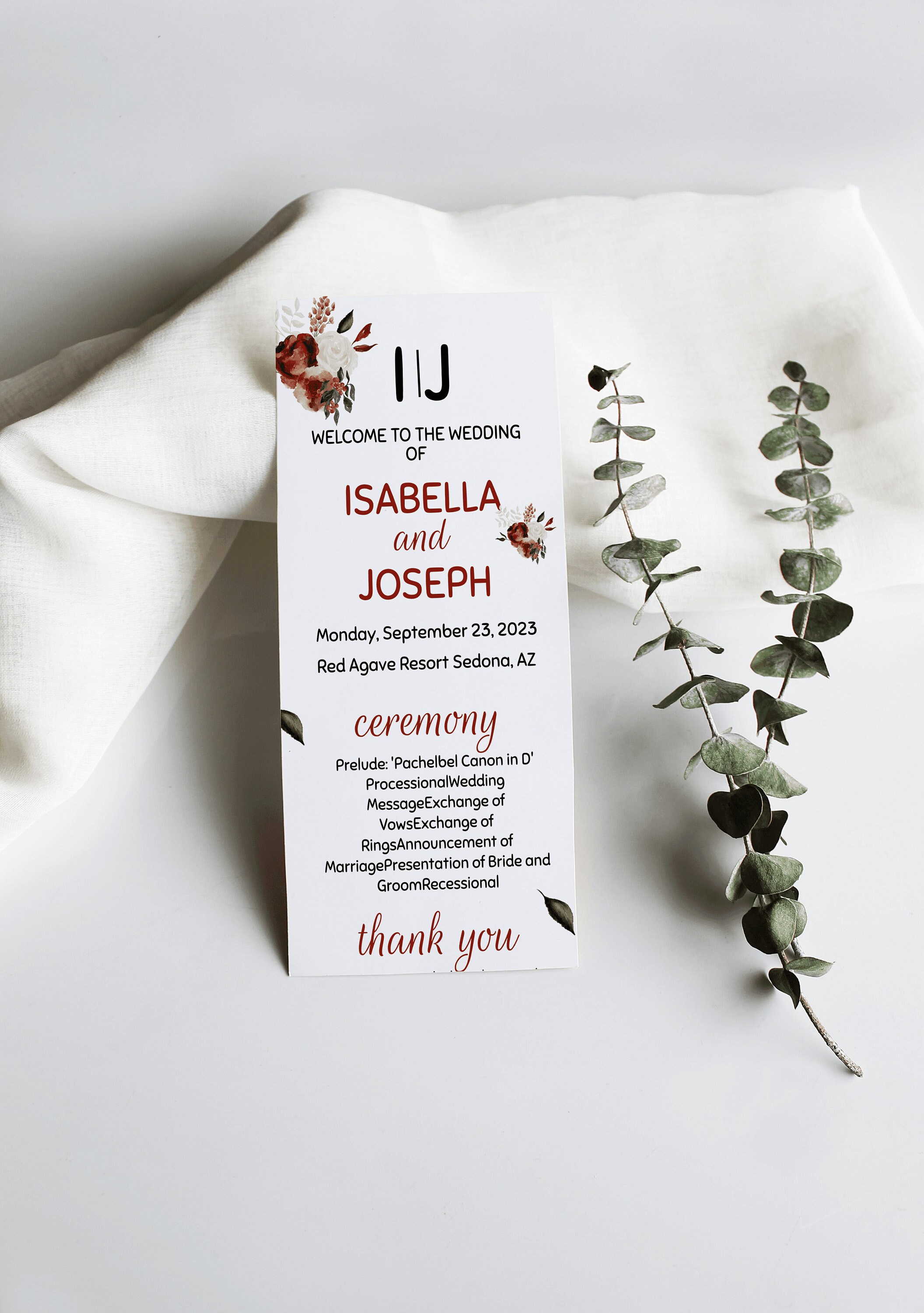 Burgundy Floral Wedding Program Template Floral Red Order of - Etsy