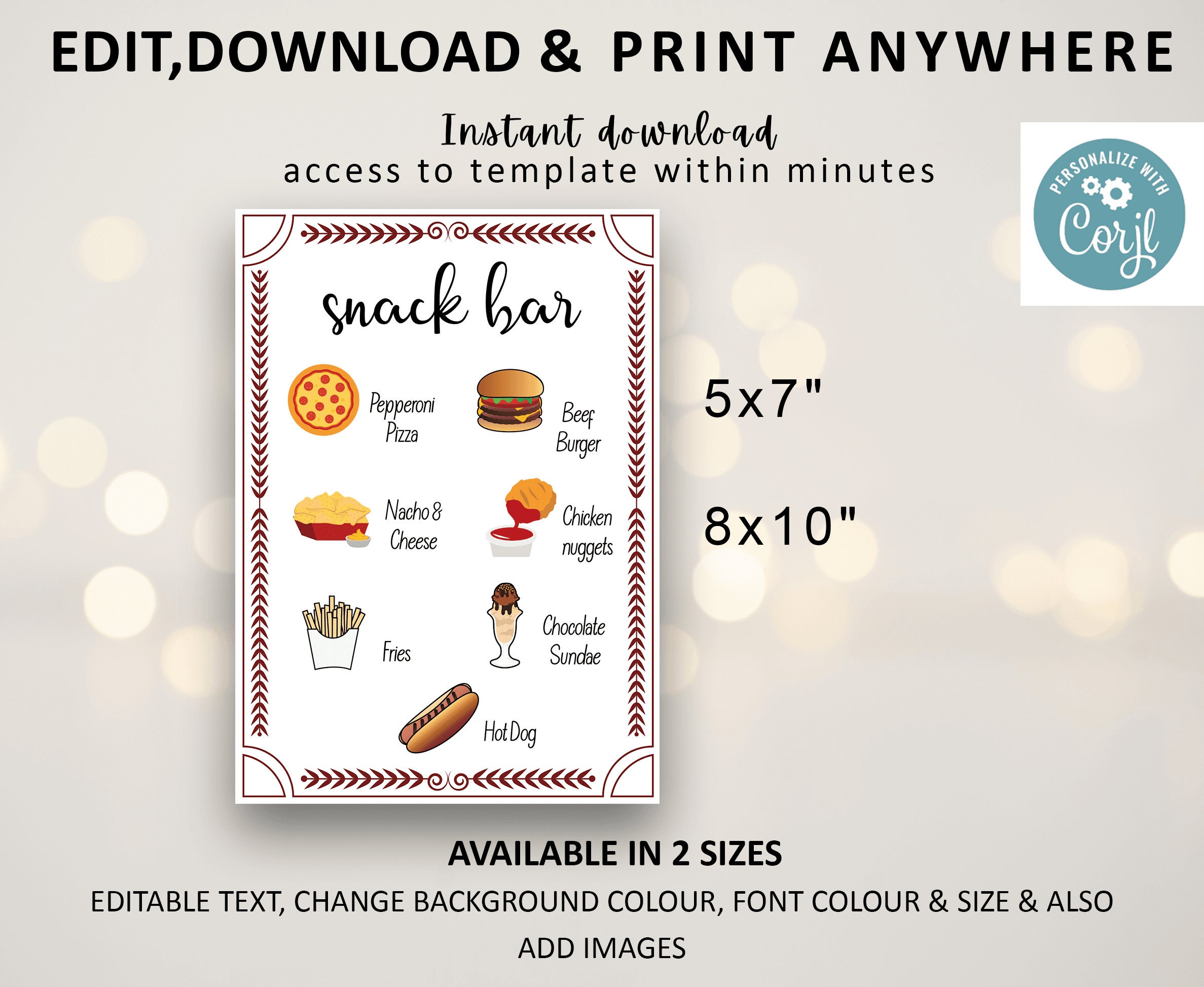 DIY Snack Menu Template, Editable Fast Food Menu, Wedding Snack Bar ...