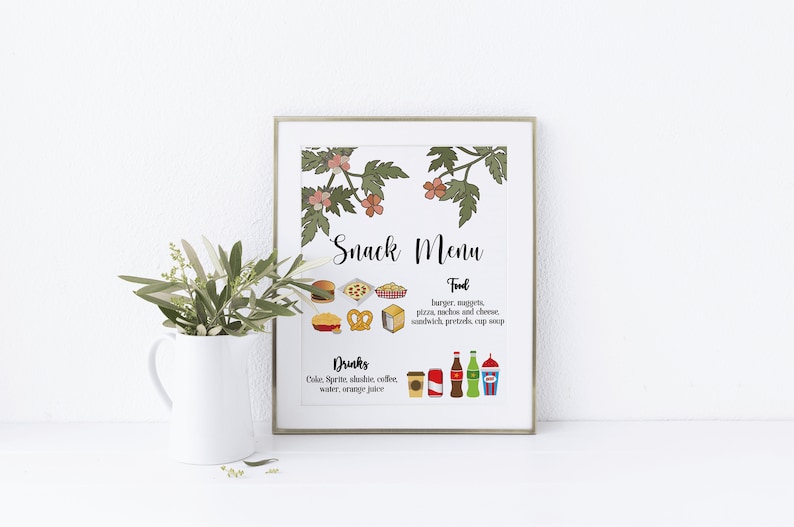 Snack Menu Sign Template, Bridal Shower Floral Snack Bar, Wedding Snack ...