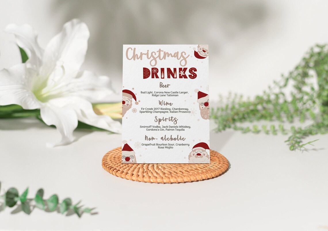 Christmas Drink Menu, Holiday Party Drink Menu, Printable Xmas Bar Sign ...