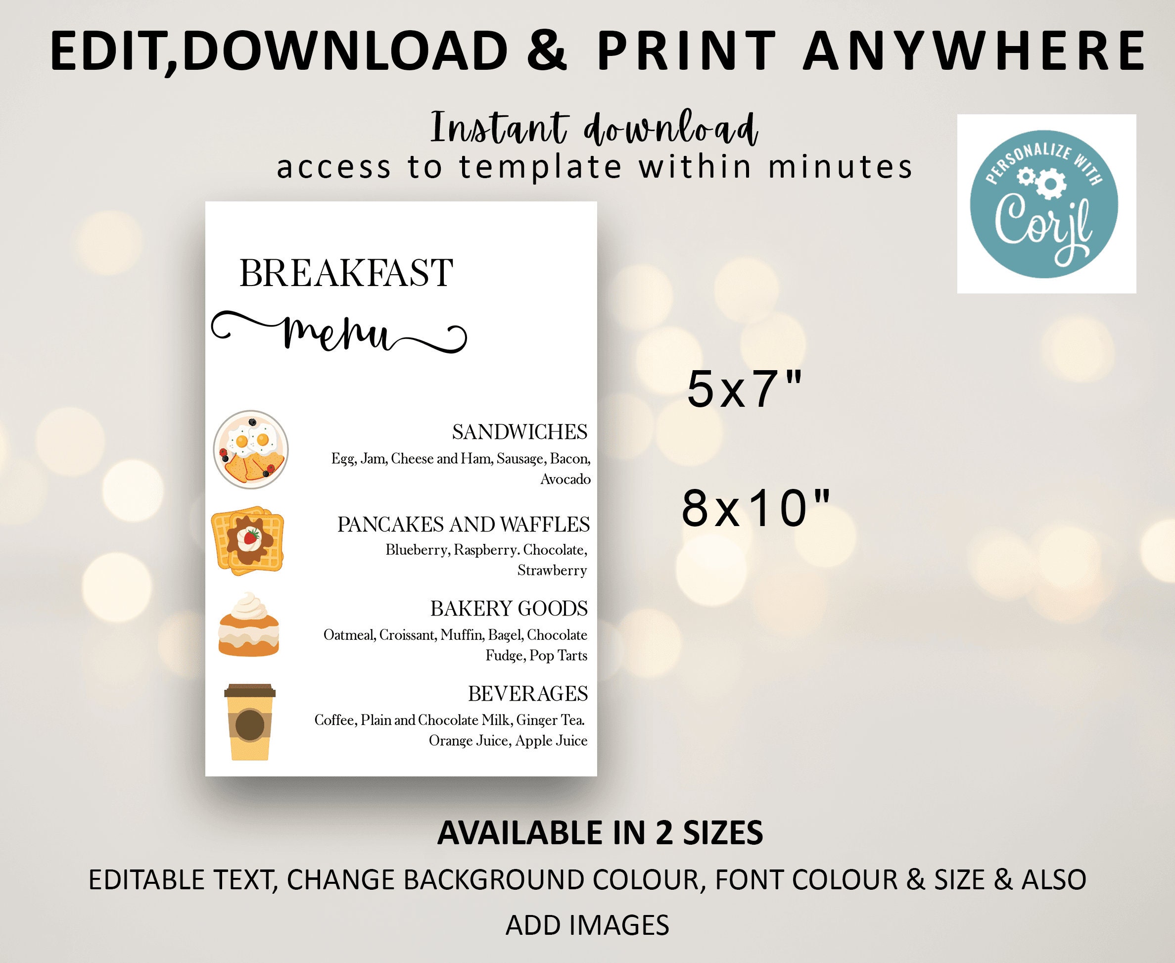 Breakfast Menu Sign Template, Create Your Own Breakfast Menu, Wedding ...