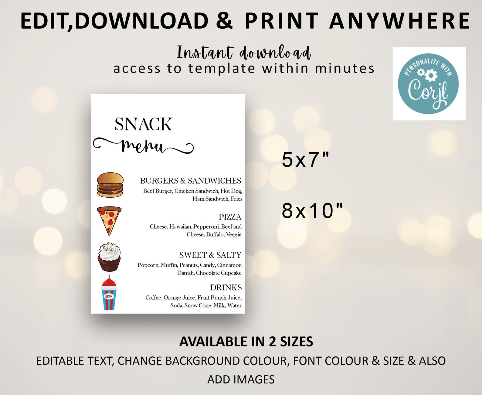 Snack Menu Sign Template, Minimalist Bridal Shower Snack Bar, Wedding ...