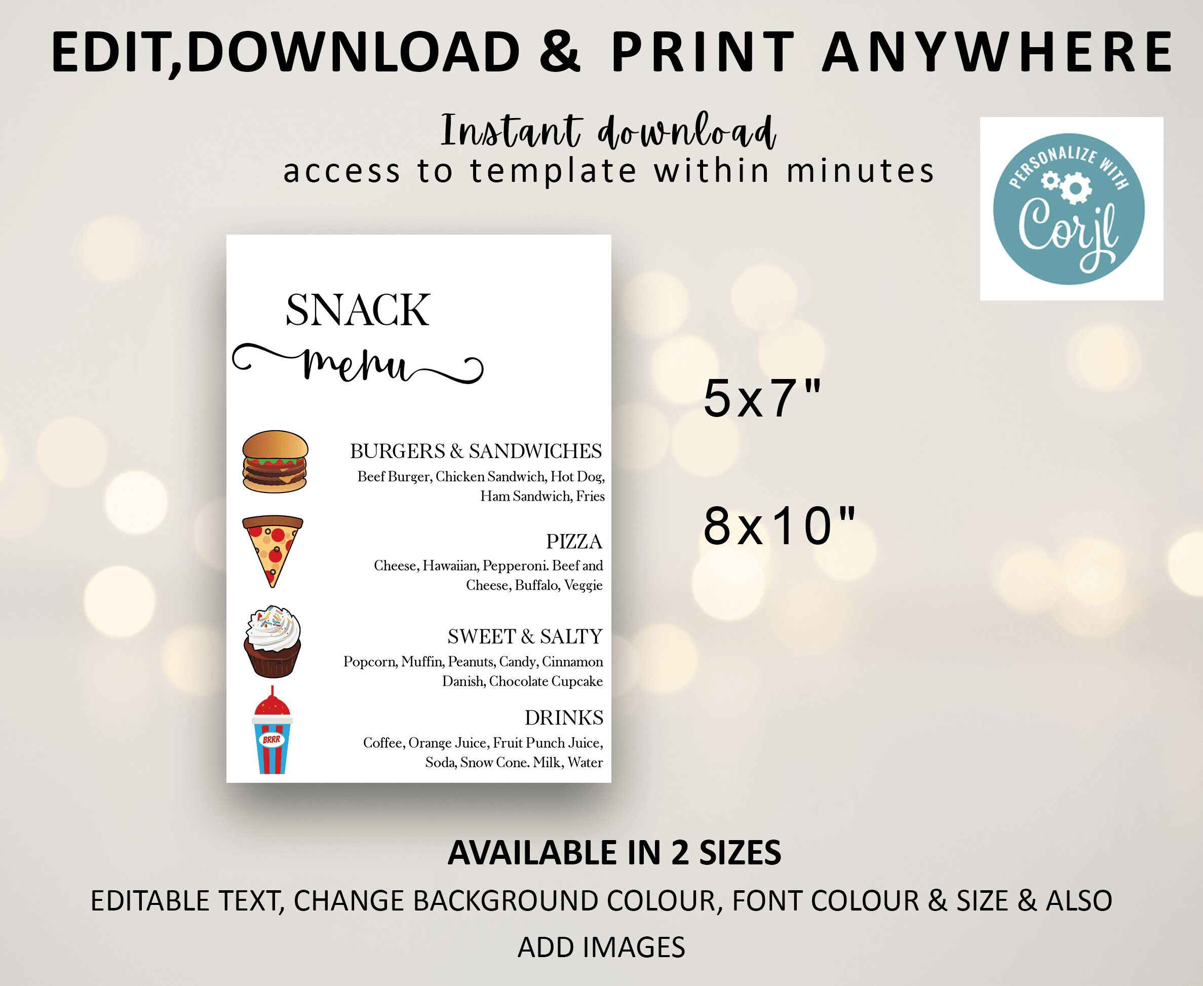 Snack Menu Sign Template, Minimalist Bridal Shower Snack Bar, Wedding ...