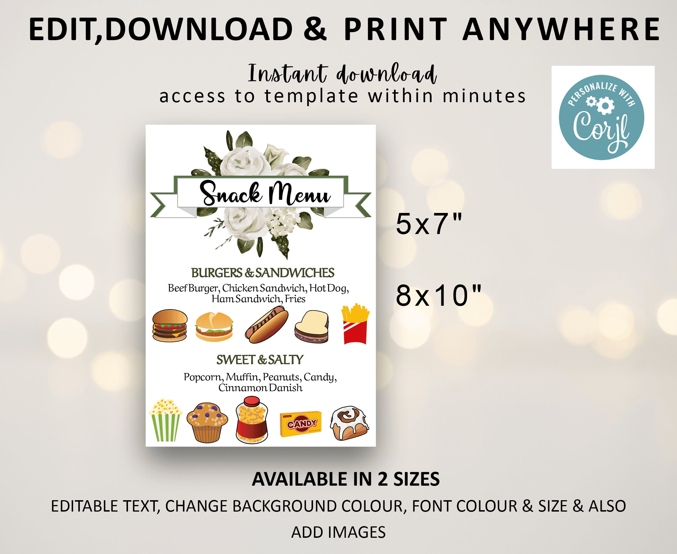 Editable Snack Menu Template, Floral Snack Bar, Wedding Snack Menu ...