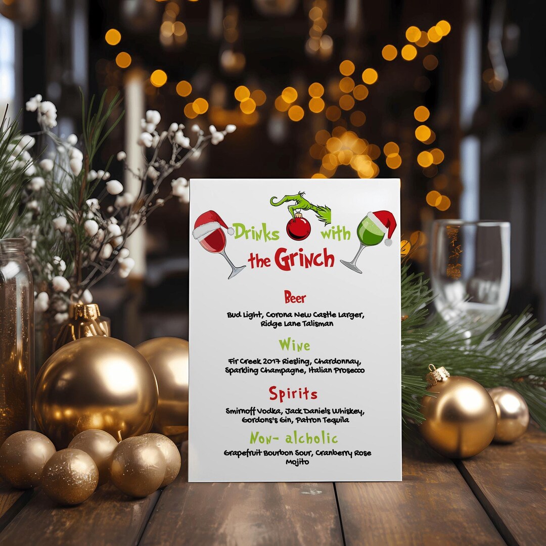 Grinch Christmas Party Bar Menu Template, Christmas Party Drink Sign ...