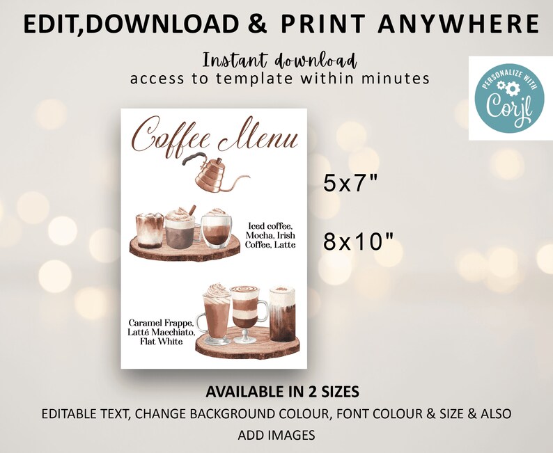 Coffee Menu Sign Template, Board Coffee Drink Menu Sign, Printable ...