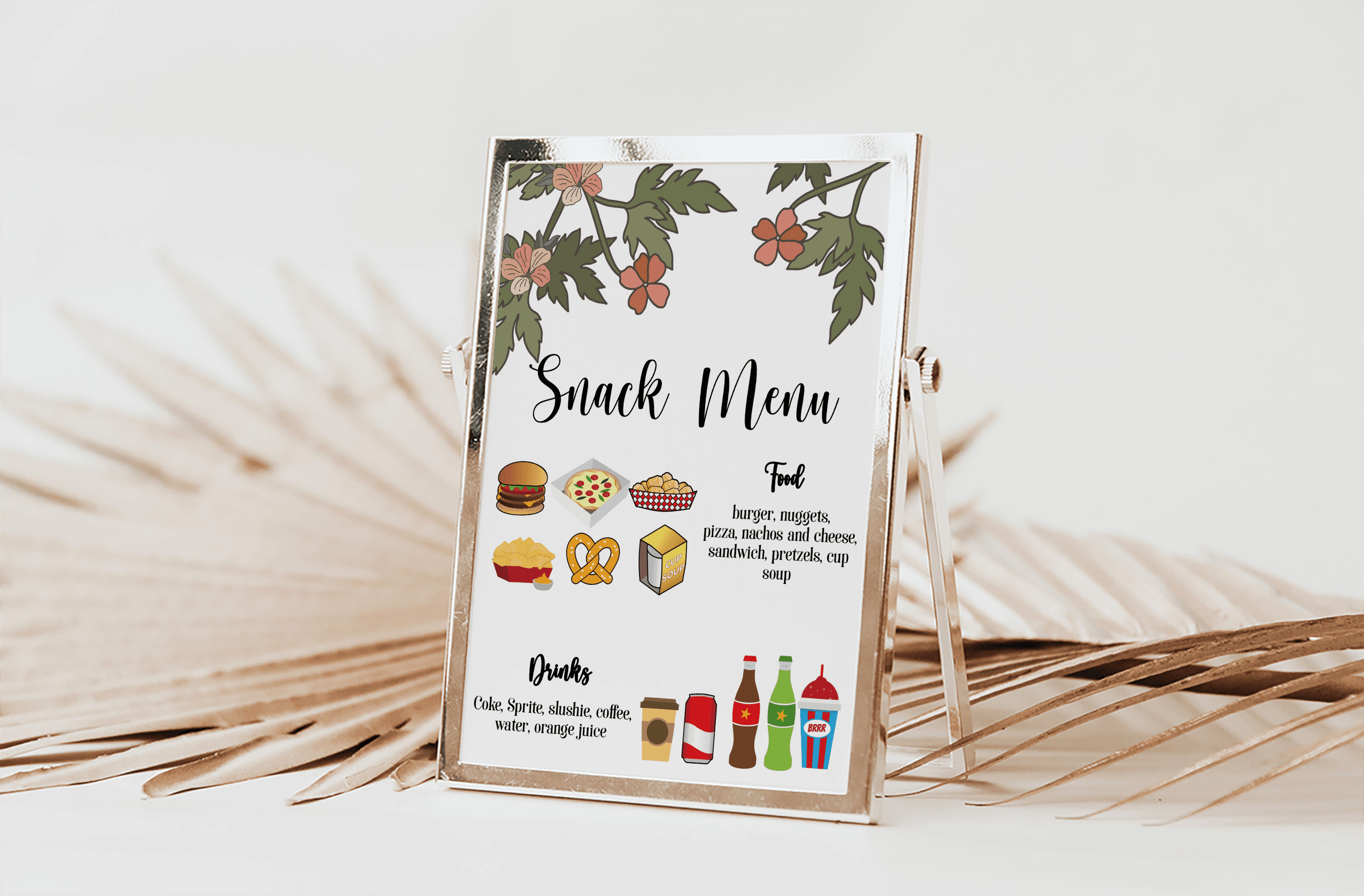 Snack Menu Sign Template, Bridal Shower Floral Snack Bar, Wedding Snack ...