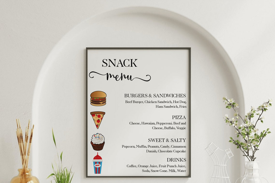 Snack Menu Sign Template, Minimalist Bridal Shower Snack Bar, Wedding ...