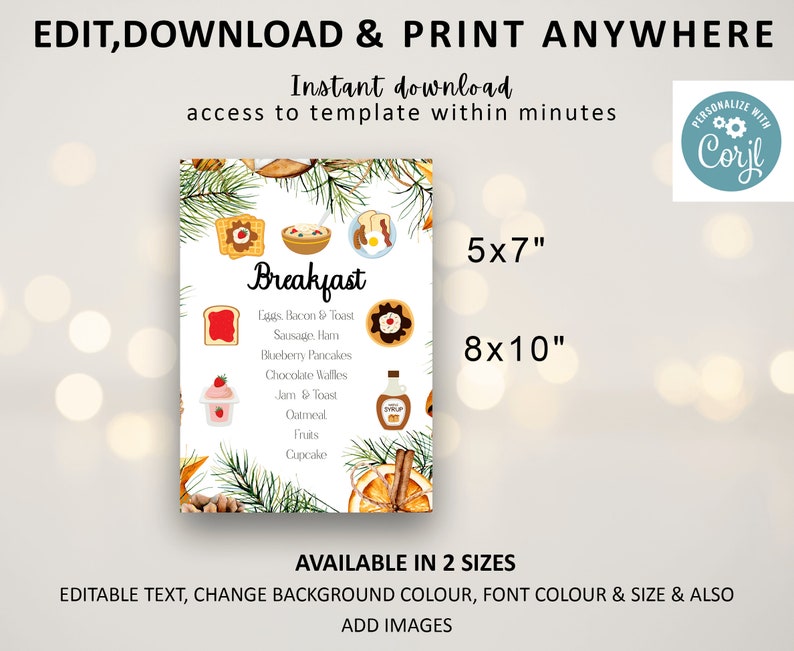 Christmas Breakfast Menu Sign Template, Editable Holiday Breakfast ...