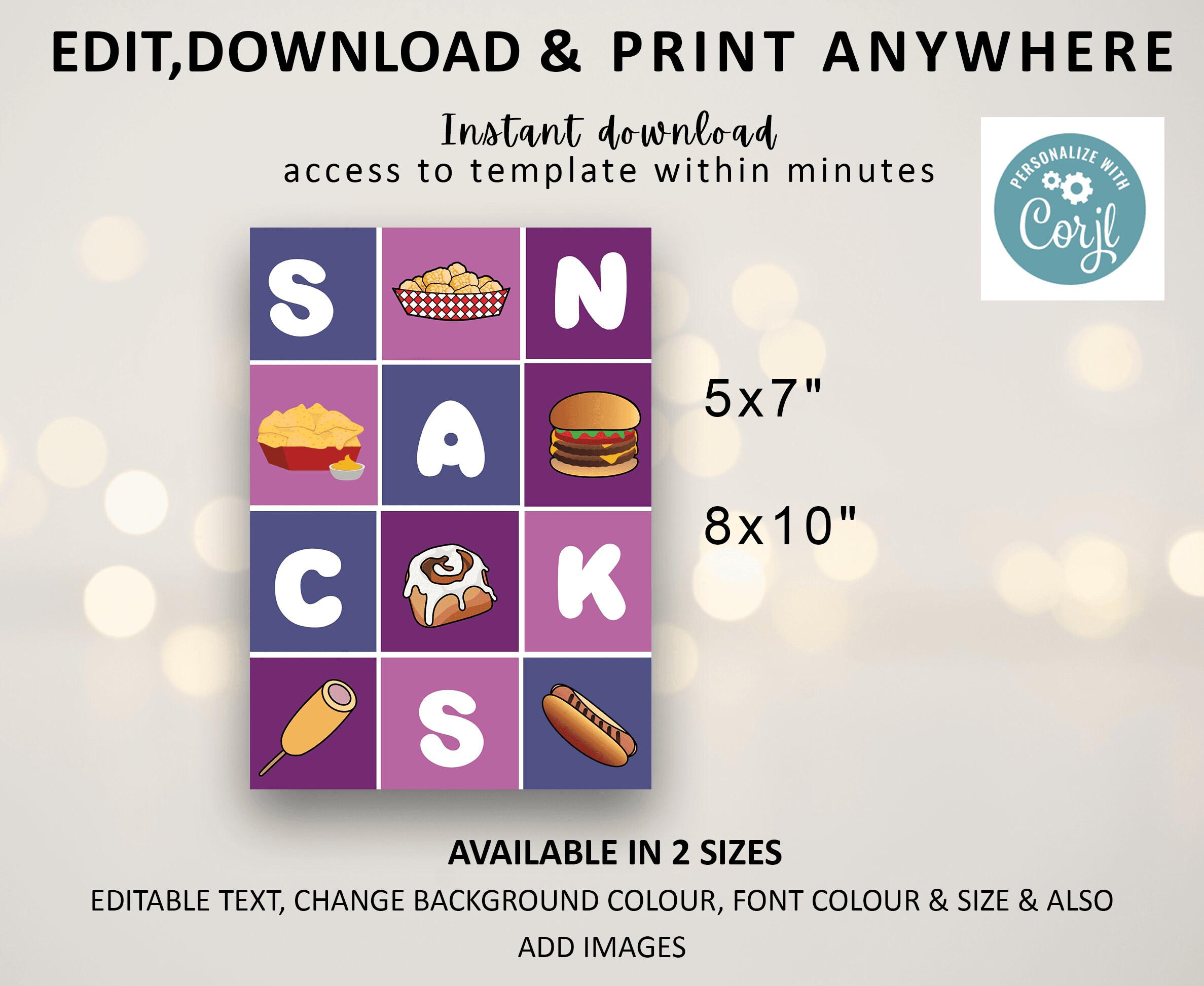 Pink Snack Menu Sign, Editable Kids Snack Bar, Wedding Snack Bar Sign ...