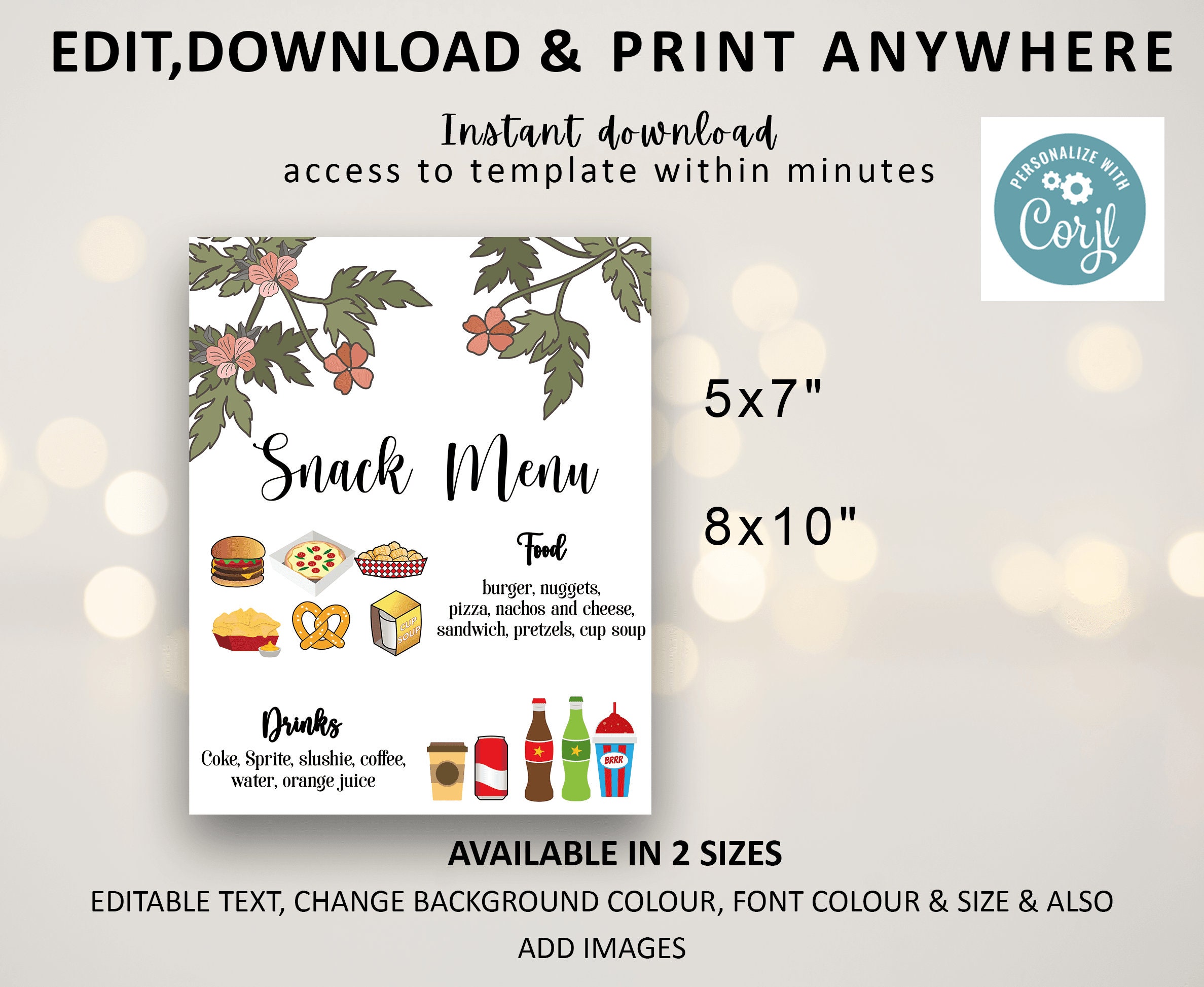 Snack Menu Sign Template, Bridal Shower Floral Snack Bar, Wedding Snack ...