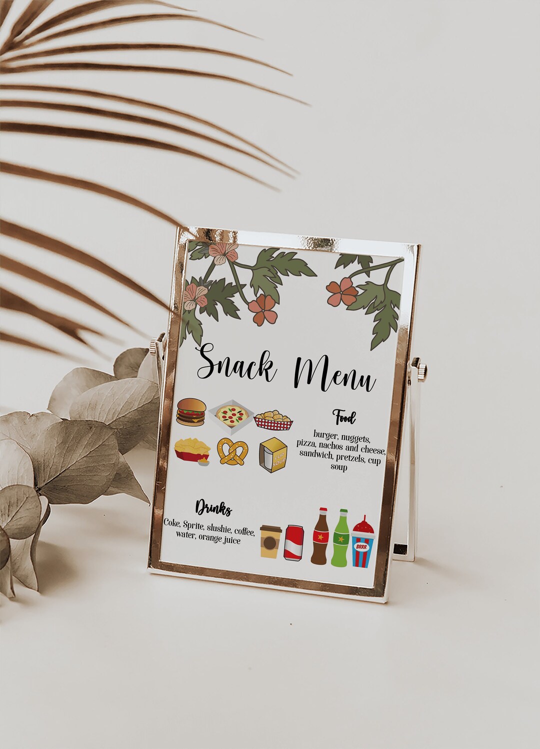 Snack Menu Sign Template, Bridal Shower Floral Snack Bar, Wedding Snack ...