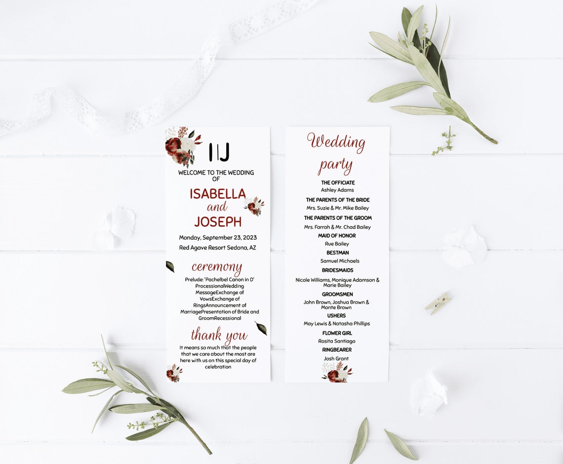 Burgundy Floral Wedding Program Template Floral Red Order of - Etsy