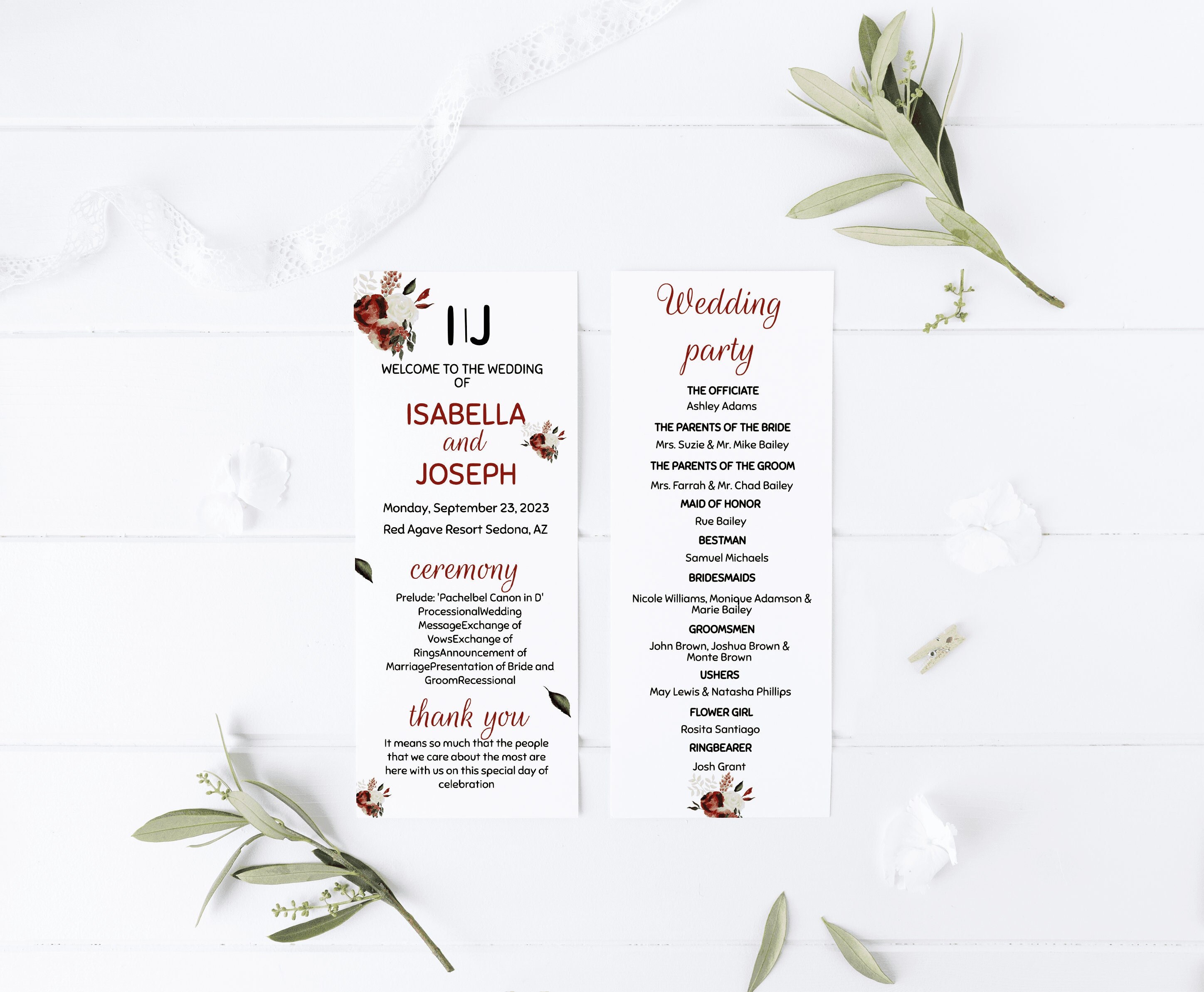 Burgundy Floral Wedding Program Template Floral Red Order of - Etsy