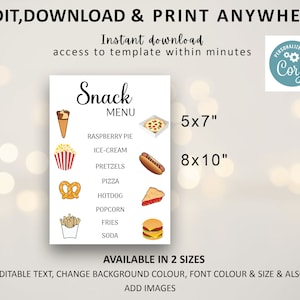 Printable Snack Menu Sign, Minimalistic Snack Bar, Wedding Snack Bar ...