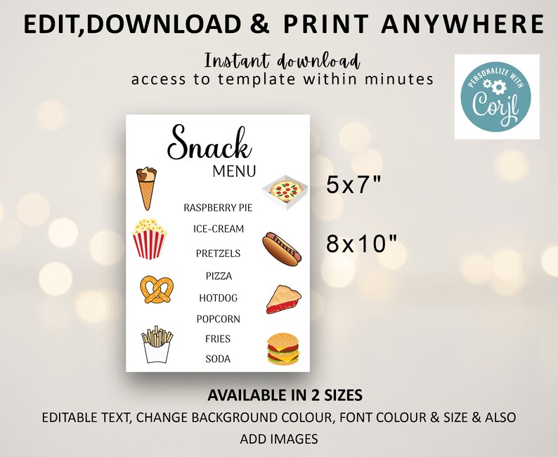 Printable Snack Menu Sign, Minimalistic Snack Bar, Wedding Snack Bar ...