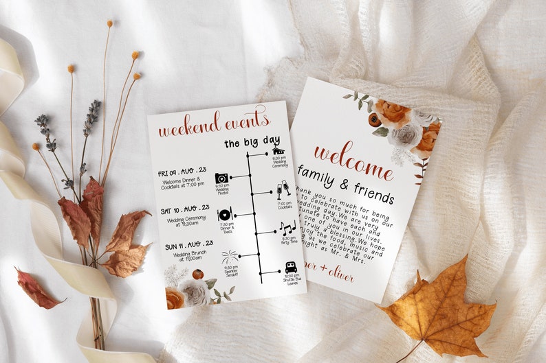 Autumn Wedding Weekend Itinerary, Fall Floral Wedding Timeline Template ...