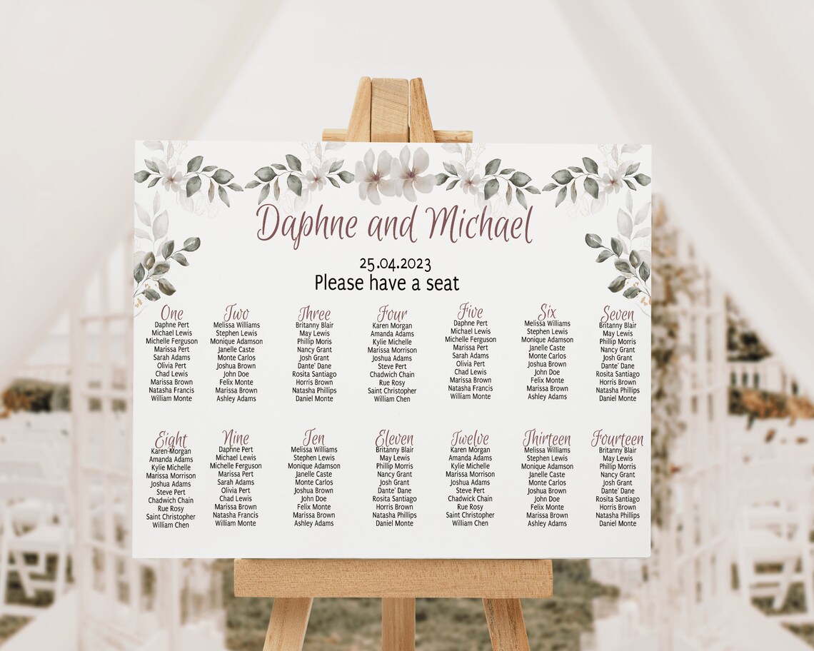 Pink and Gold Seating Chart Template Download, Greenery Wedding Table ...