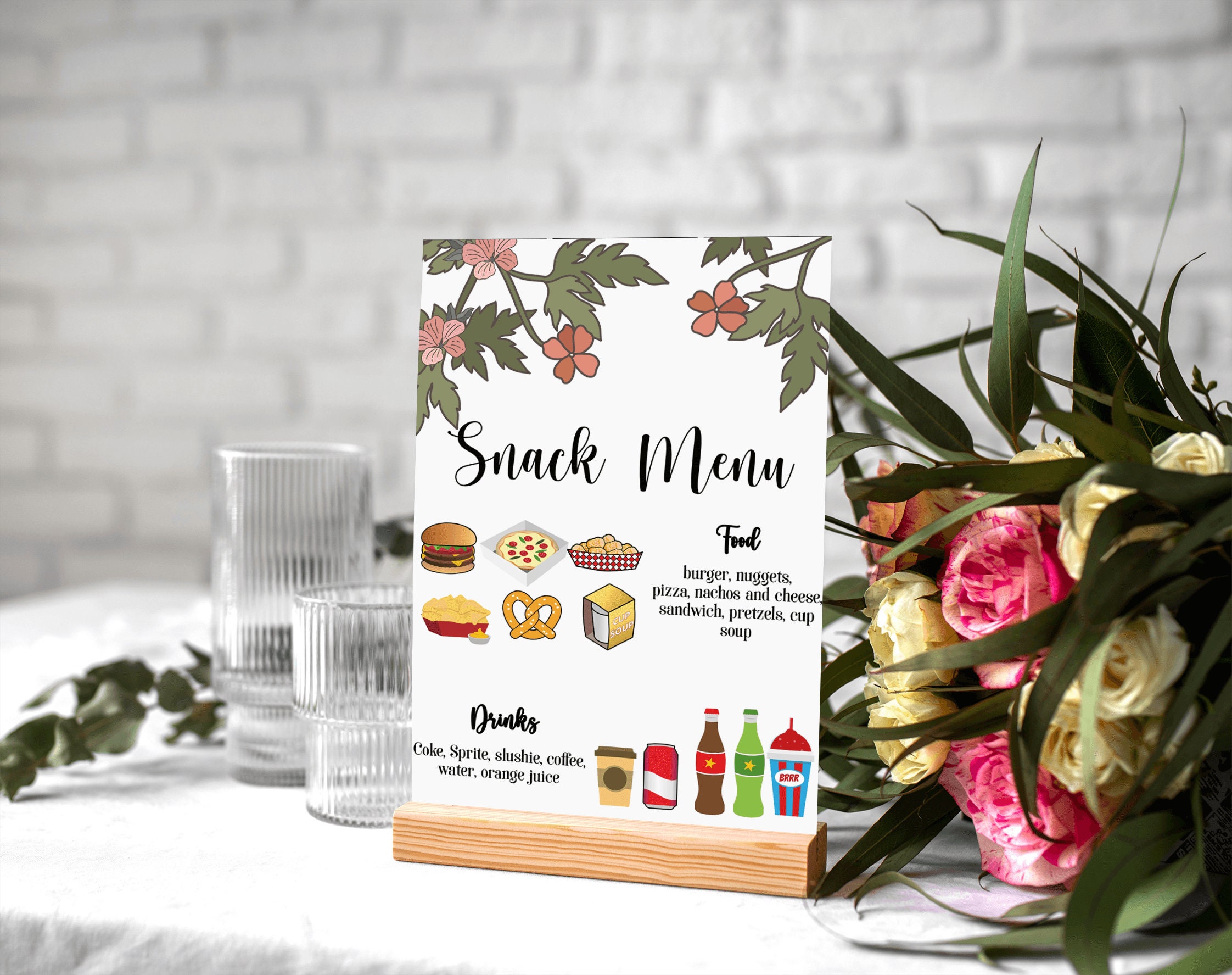 Snack Menu Sign Template, Bridal Shower Floral Snack Bar, Wedding Snack ...