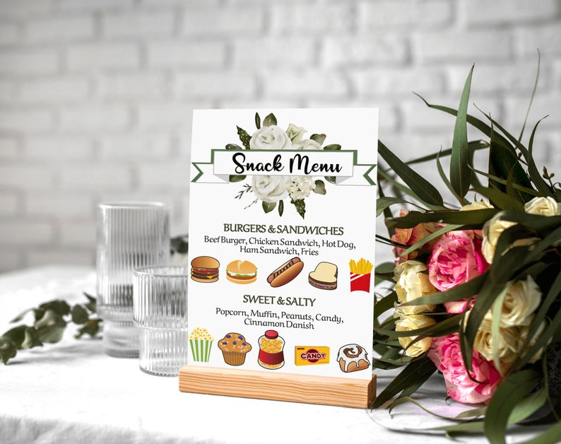 Editable Snack Menu Template, Floral Snack Bar, Wedding Snack Menu ...