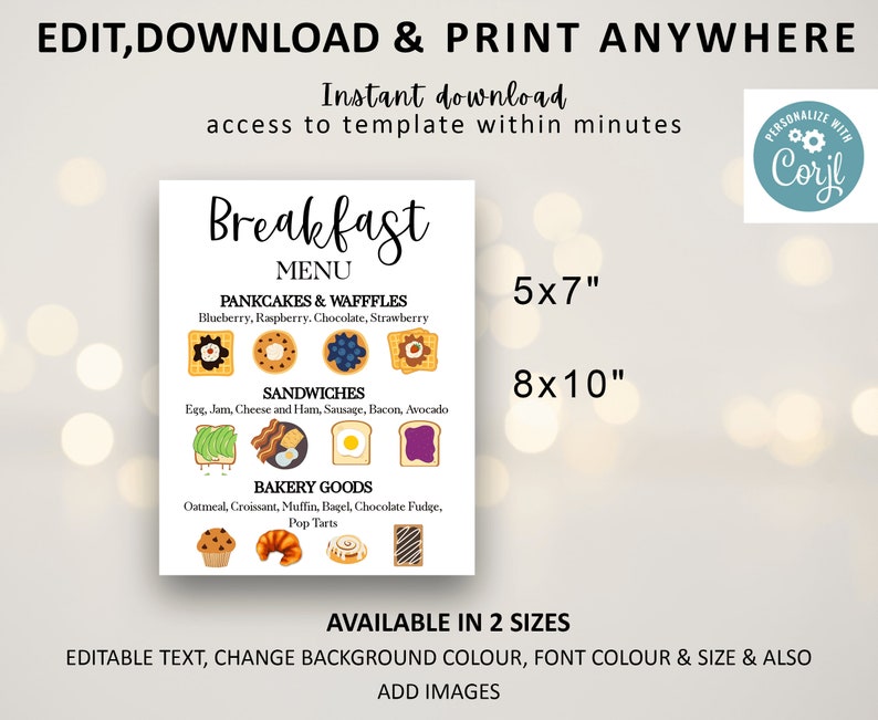 Breakfast Menu Sign Template, Create Your Own Breakfast Menu, Wedding ...