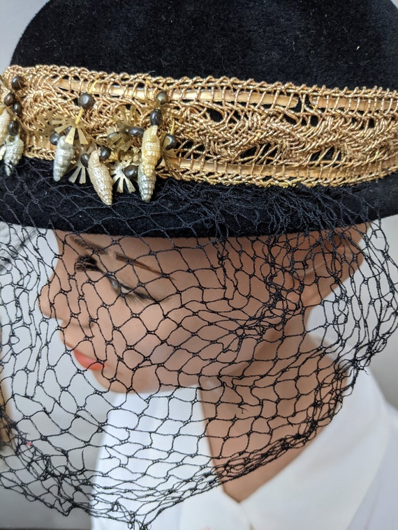 Vintage 1950s Rare Black Velour Hat with Embellished … - Gem