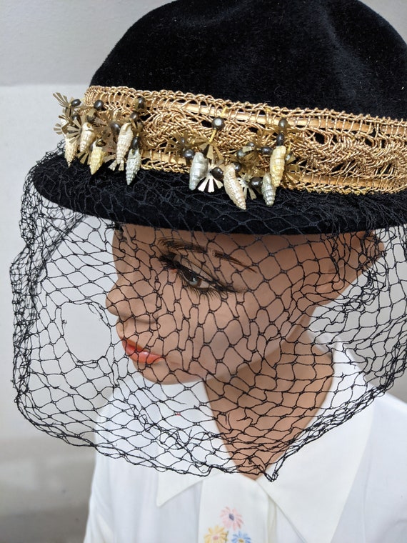 Vintage 1950s Rare Black Velour Hat with Embellished … - Gem