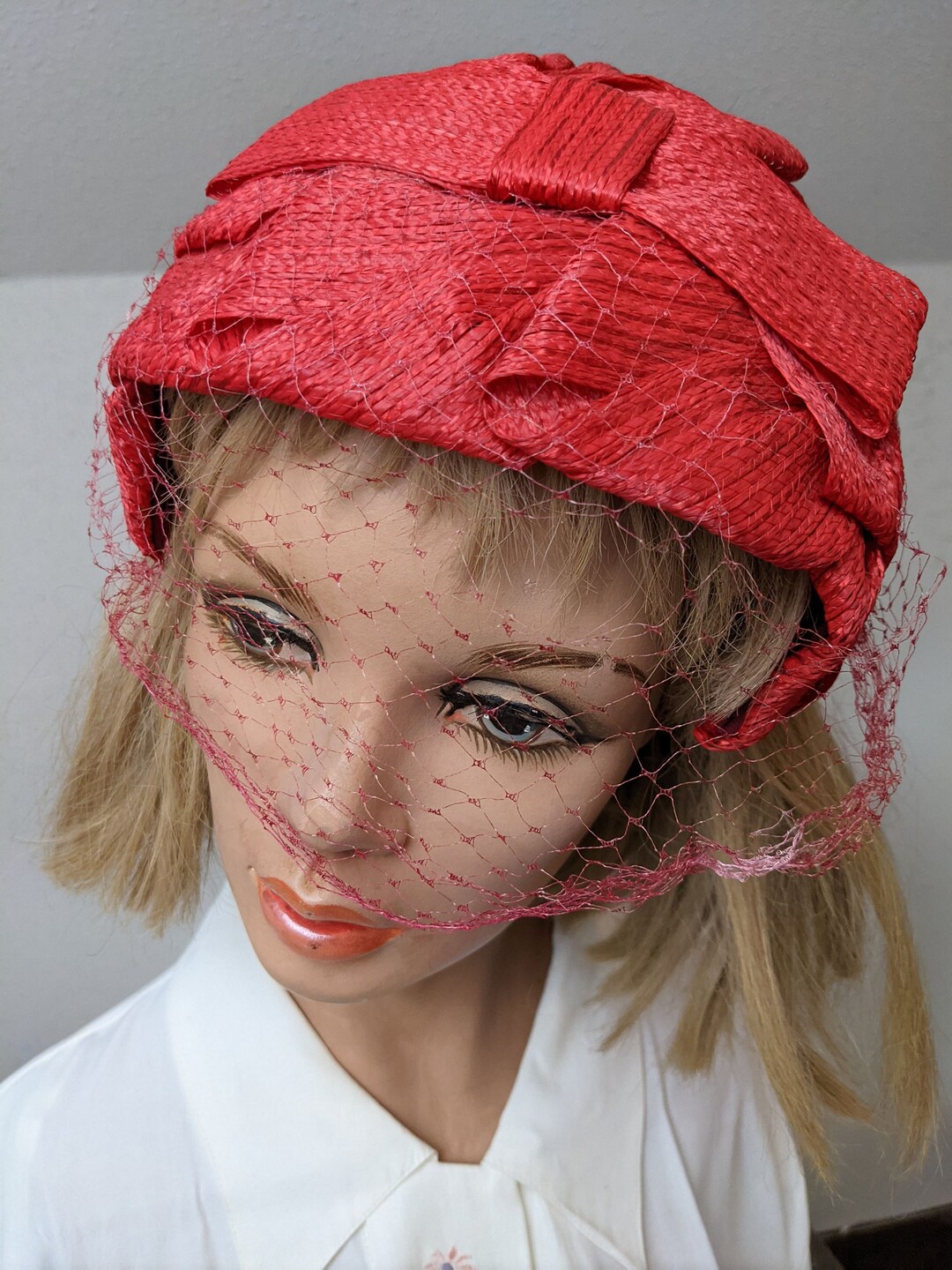 Vintage 1950s, Red Woven Juliette Casque Cap Hat With Netted Veil and ...