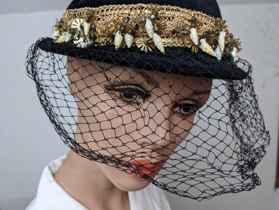 Vintage 1950s Rare Black Velour Hat with Embellished … - Gem