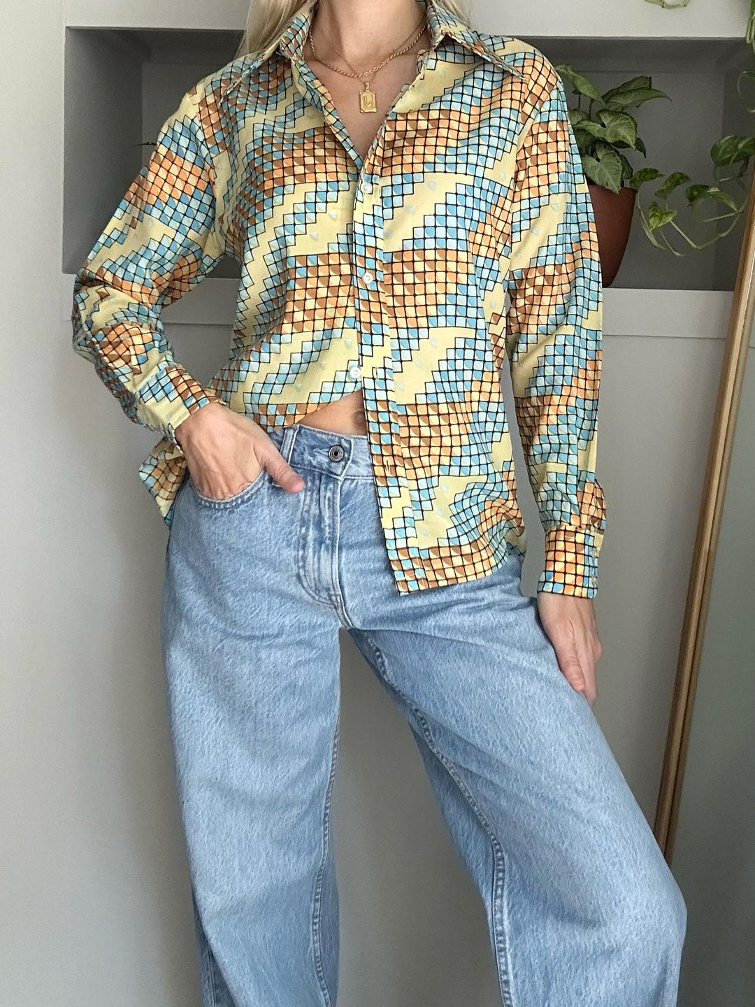 Vintage (M) 70s Square Pattern Button up Long Sleeve Top - Women’s ...