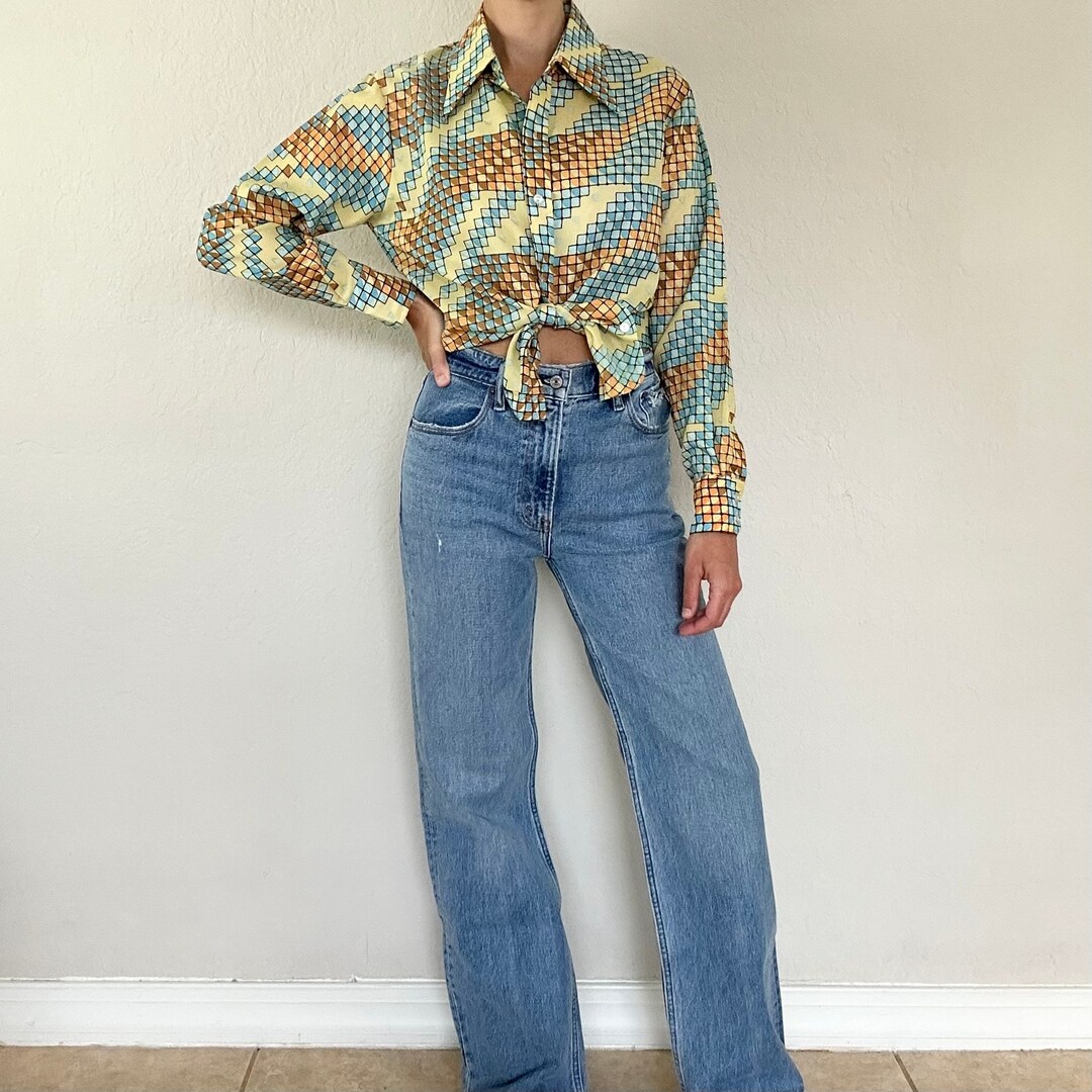 Vintage M 70s Square Pattern Button up Long Sleeve Top Womens Vintage ...