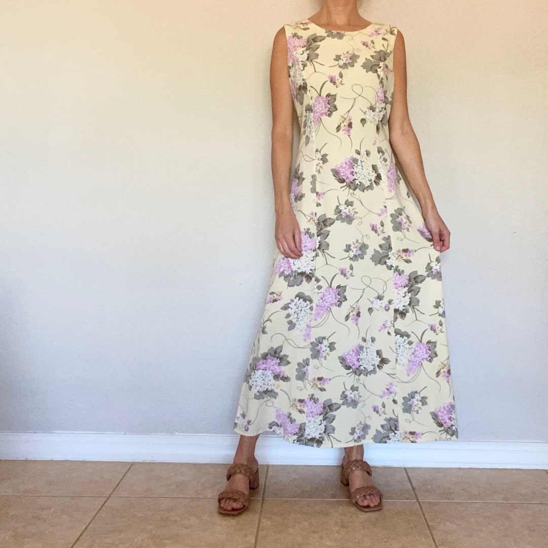 Vintage M/L Vestido maxi sin mangas con estampado floral de la década ...