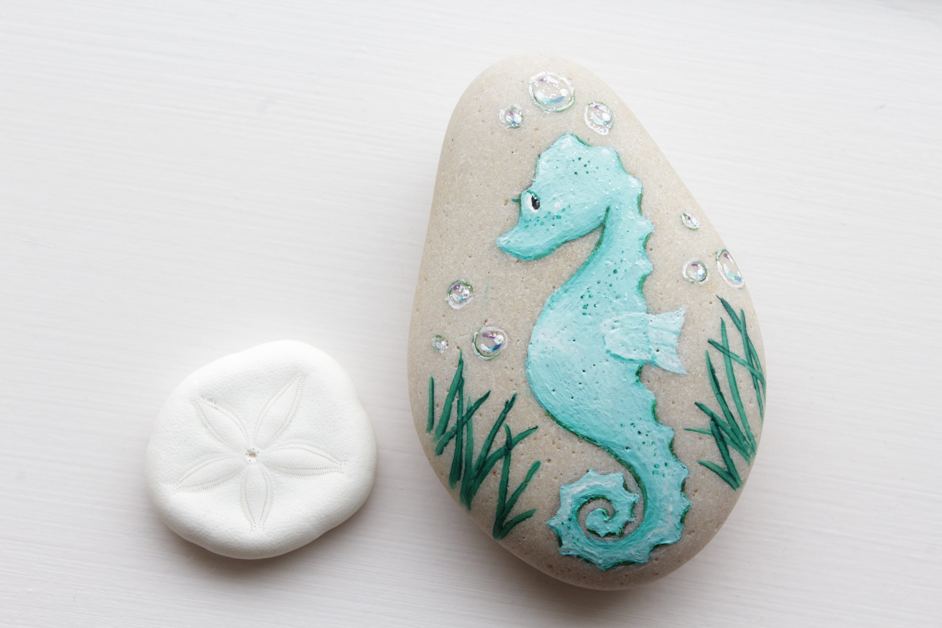 Hand-painted Stone, Pebble Art of Little Seahorse and Bubbles in ...