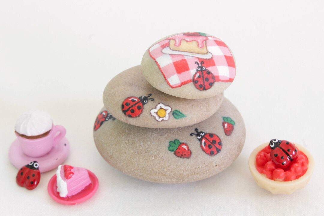 Hand Painted Rock Stack, Pebble Art of the Ladybird’s Picnic, Country ...