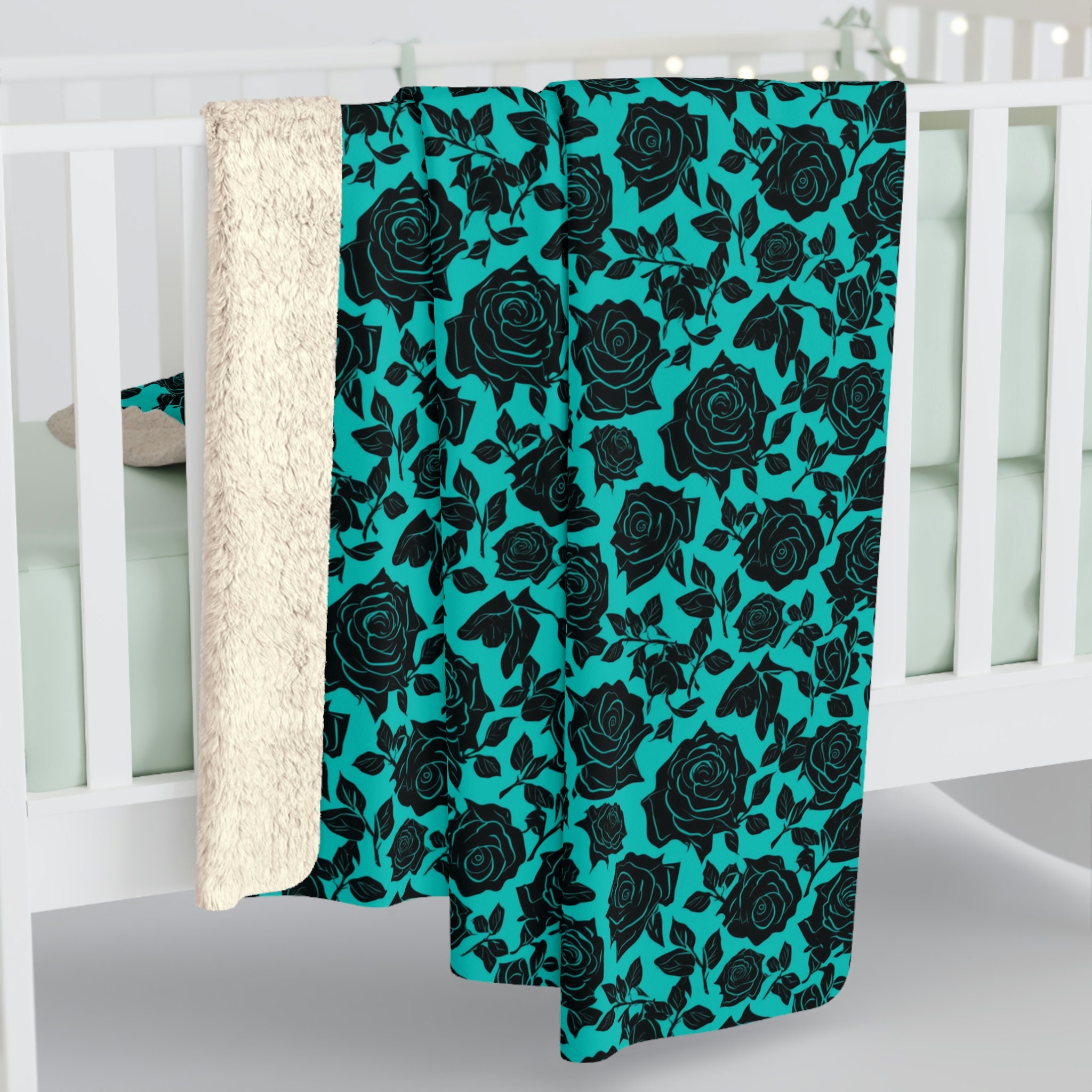 Black Roses Pattern on Teal Background Sherpa Fleece Blanket - Etsy
