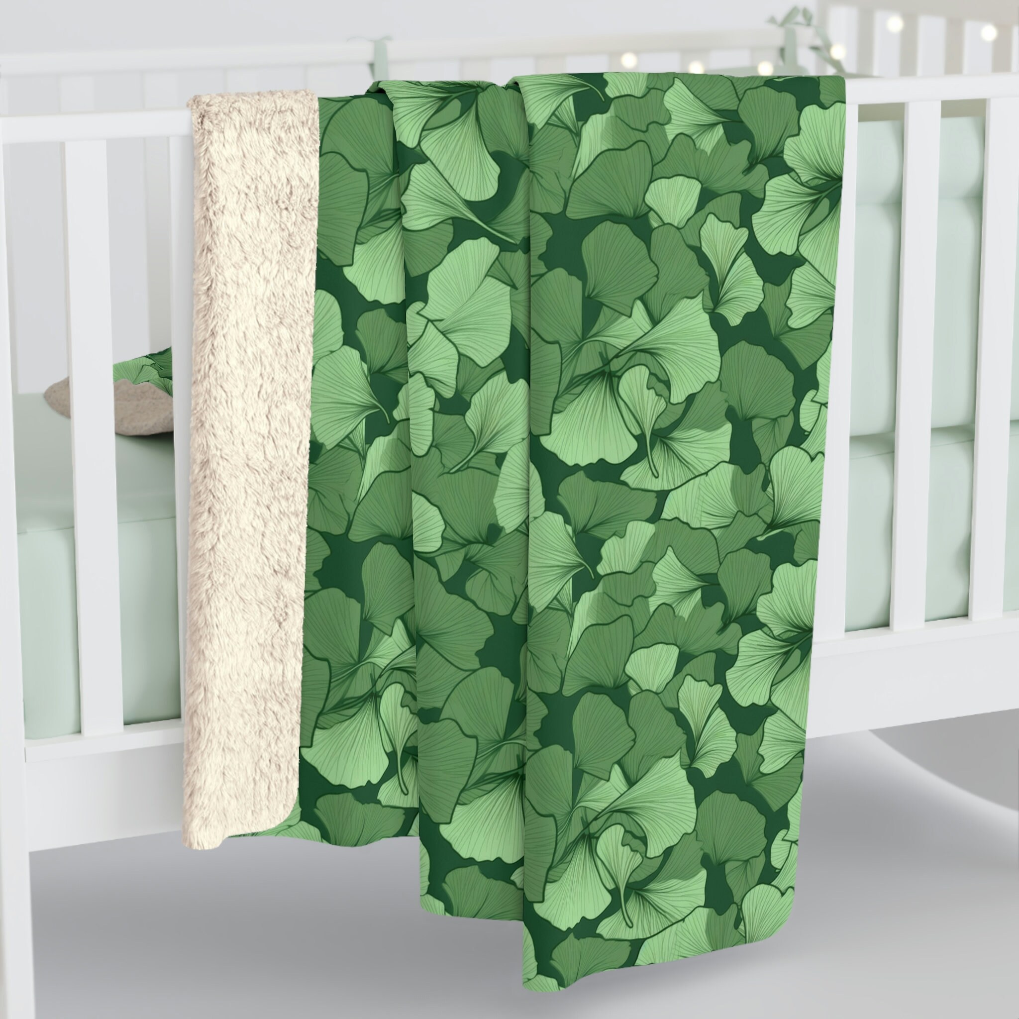 Ginkgo Biloba Light Green and Dark Green Leaf Pattern Sherpa Fleece ...