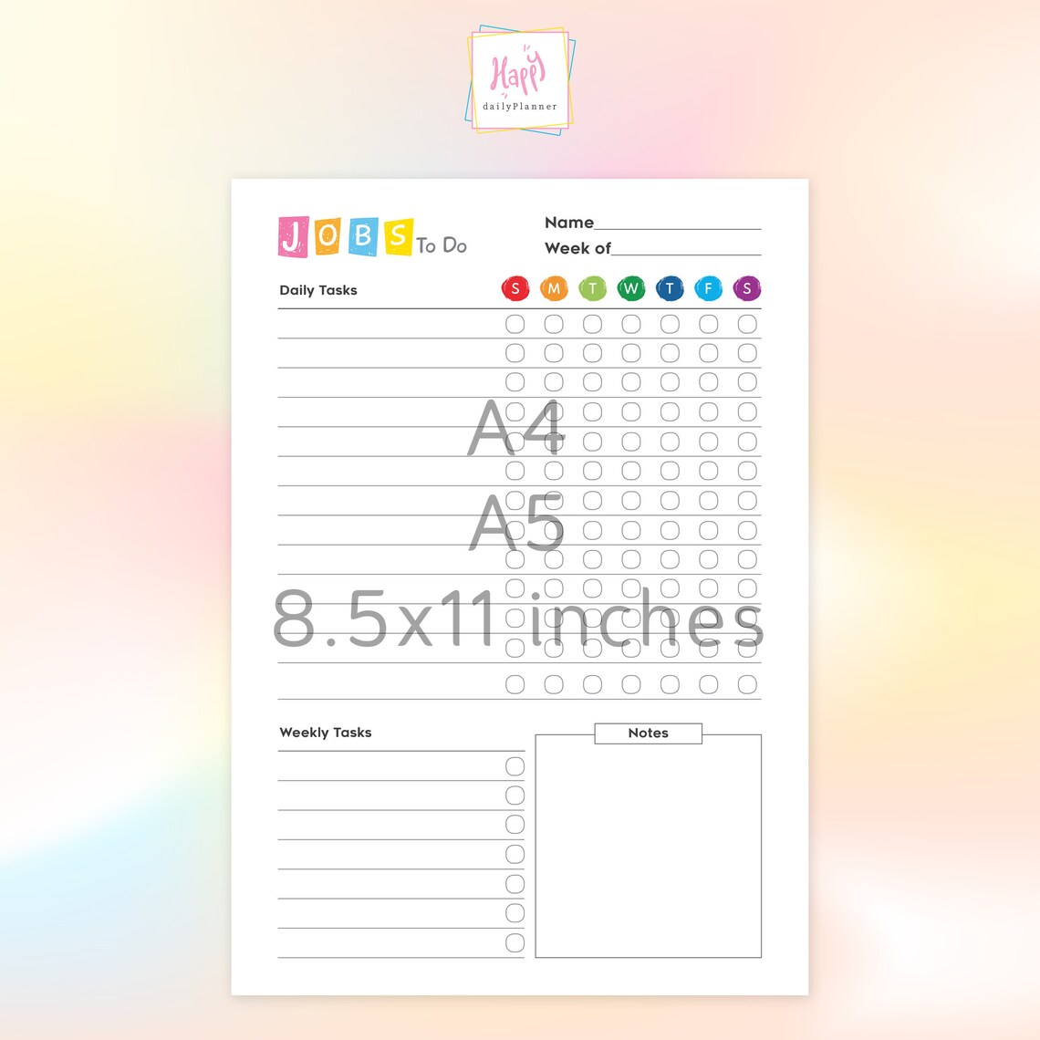 Daily Weekly Chore Chart for Kids and Family, Child Tasks Jobs ...