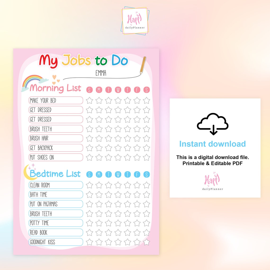 Editable Chore Chart Printable, Morning Bedtime Routine Printable ...
