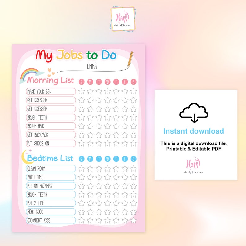 Editable Chore Chart Printable, Morning Bedtime Routine Printable ...