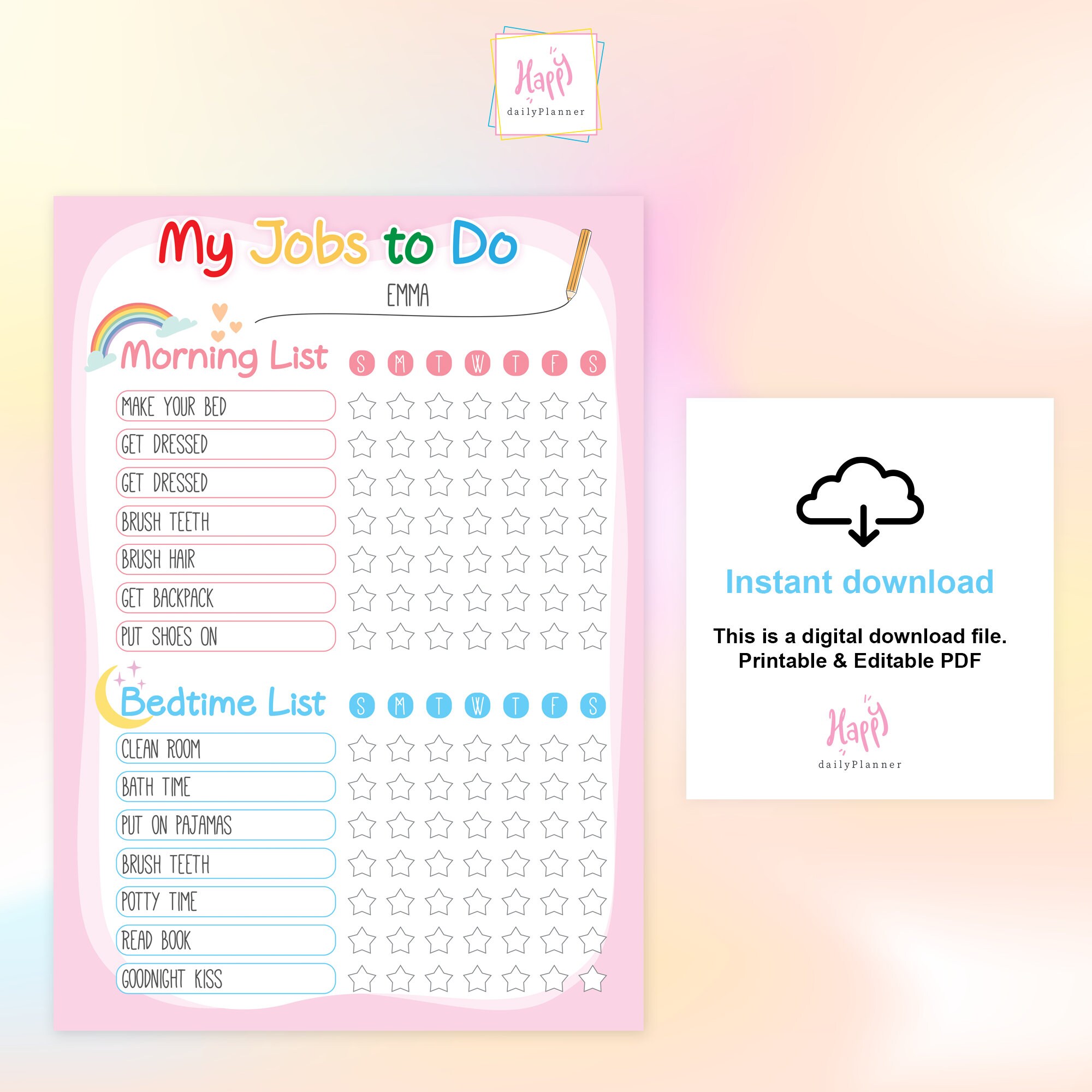 Editable Chore Chart Printable, Morning Bedtime Routine Printable ...