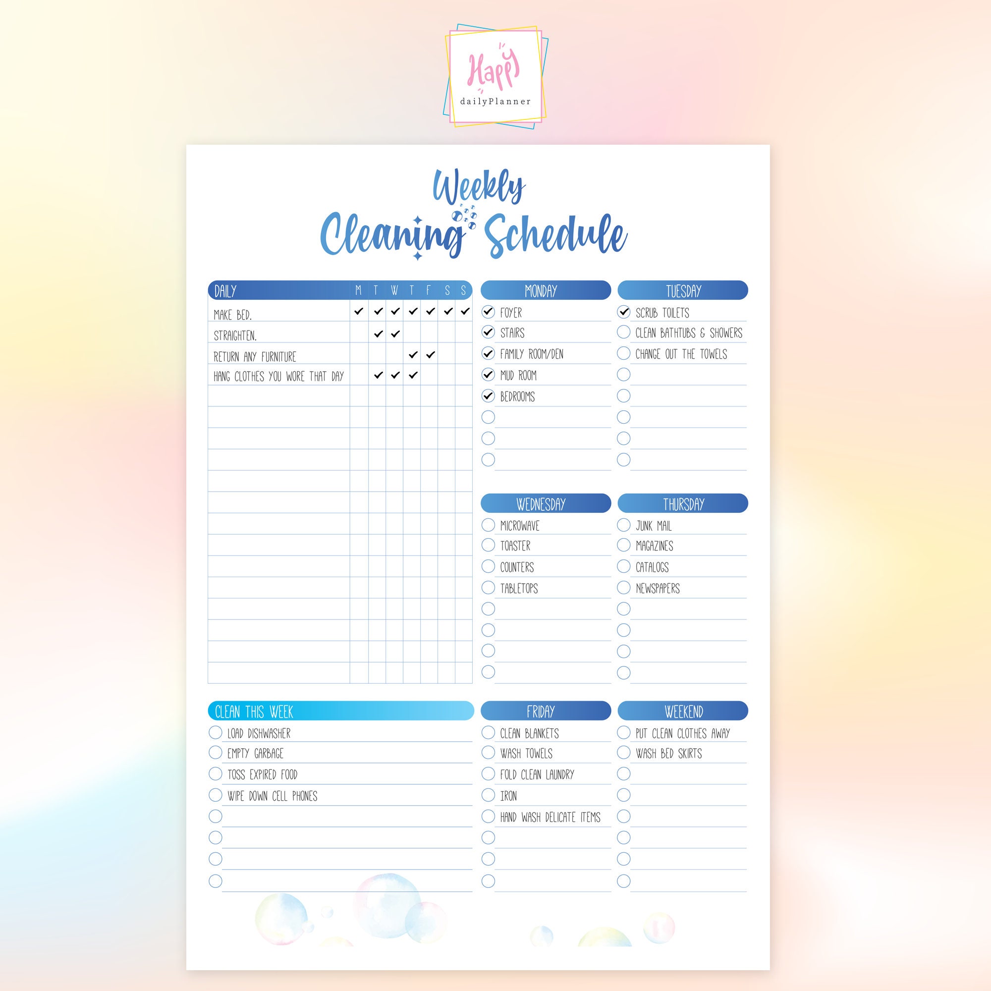 Weekly Cleaning Schedule Printable, Cleaning Checklist Printable, Size ...