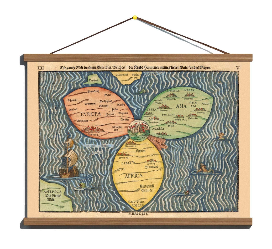 1581 Bible World Map in Shape of a Clover-leaf (europe, Asia, Africa ...