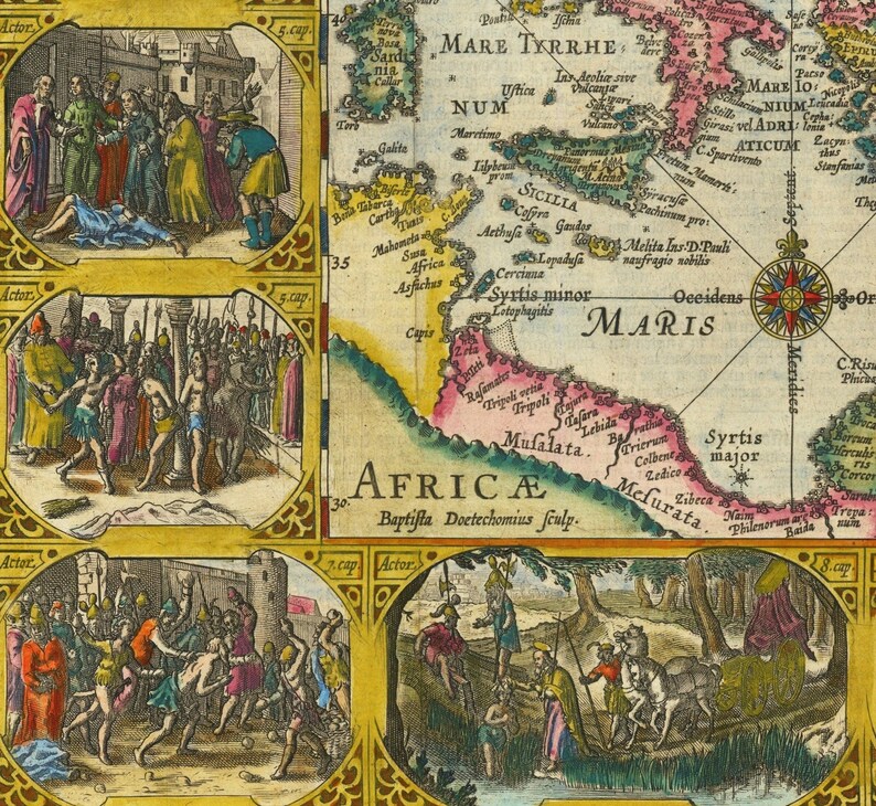 Vintage Rare 1625 Decorative Bible Map Regions Around the Mediterranean ...