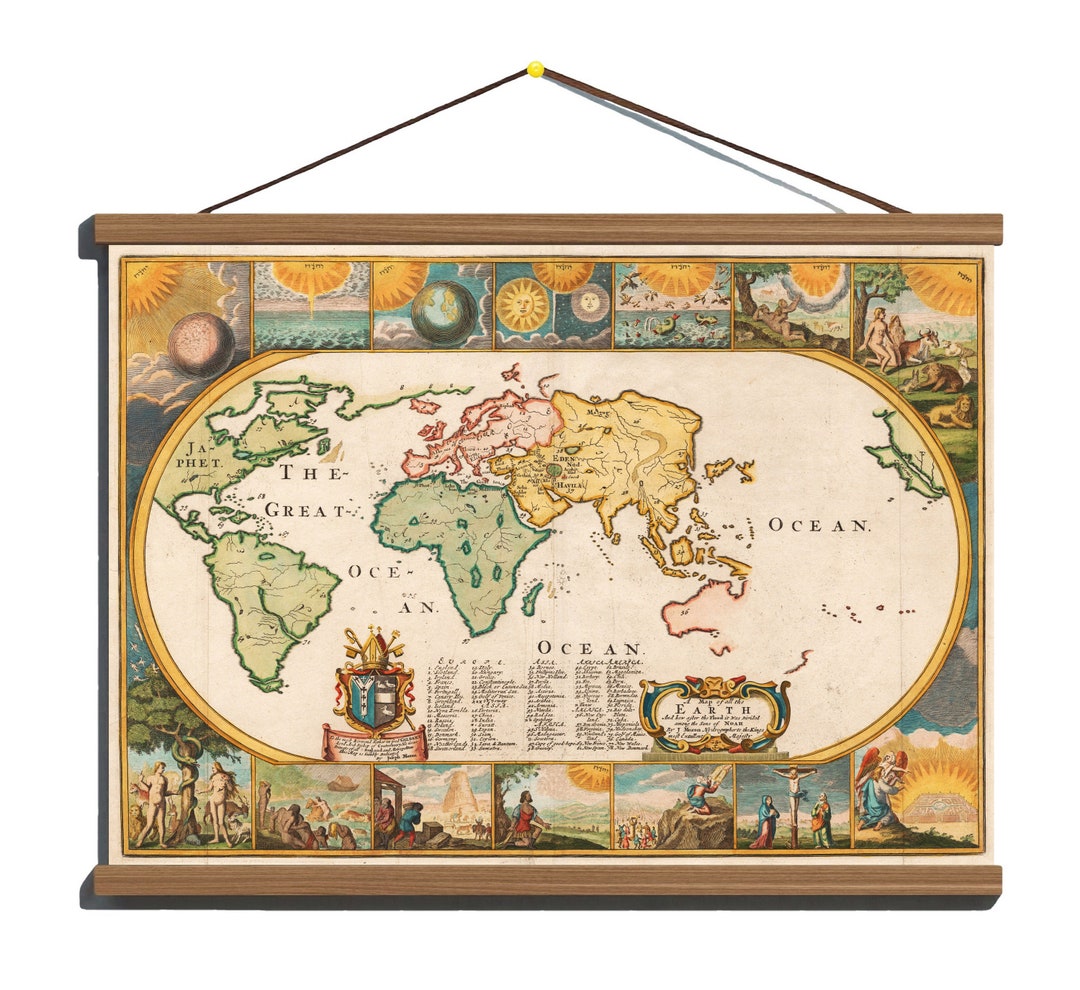 Vintage Rare Ornament 1711 World Map Decorated With Bible Scenes Real ...