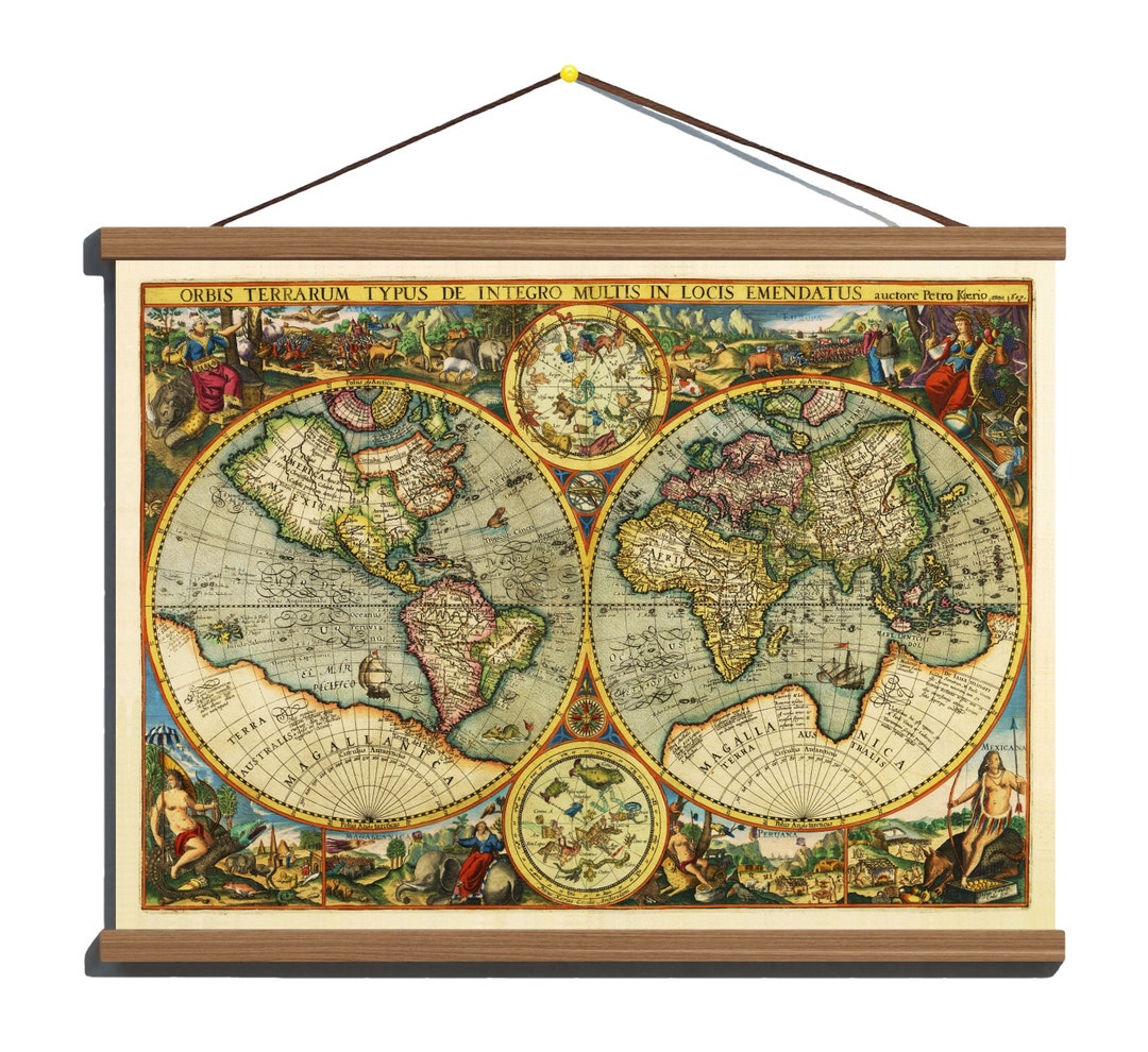 Vintage 1607 Double Hemisphere World Map With Decorative Figures ...