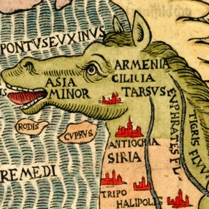 Ancient Vintage Antique 1581 Bible Map of Asia in the Shape of Pegasus ...
