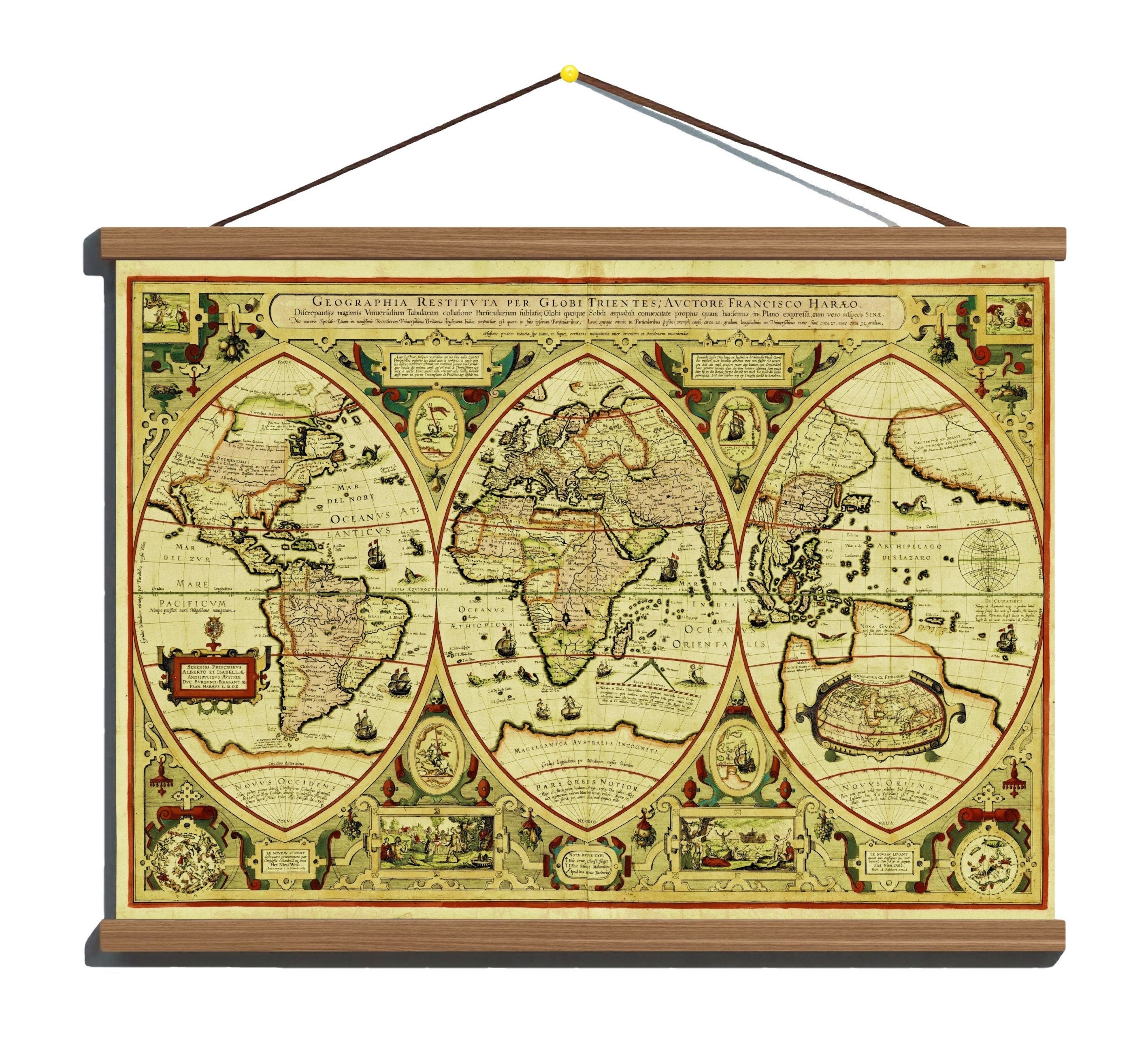 Vintage 1618 Decorative World Map as a Triptych Biblical Themes ...